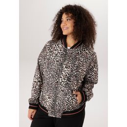 Blouson ANISTON PLUS, Damen, Gr. 46, bunt (beige, schwarz, braun), Cr&ecirc;pe, Obermaterial: 100% Polyester. Futter: 100% Polyester, h&uuml;ftlang, Rippb&uuml;ndchen kontrastfarben, Jacken Blouson, Mit Leodruck - NEUE KOLLEKTION