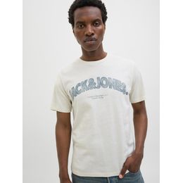 Jack & Jones T-Shirt JACK & JONES "JORALMERIA BOLD BRANDING TEE SS CN", Herren, Gr. L, wei&szlig; (antique wei&szlig;), Jersey, Obermaterial: 100% Baumwolle, bedruckt, regular fit taillenbedeckt, Rundhals, gerader Abschluss, Shirts T-Shirt, mit Logo Druck