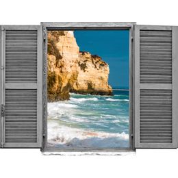 Wandtattoo queence "Klippen im Meer", blau, B:80cm H:60cm T:0,1cm, Wandtattoos, Wandtattoo, Wandsticker, Wandbild, selbstklebend, 3D, Fenster