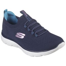 Slip-On Sneaker Skechers "SUMMITS", Damen, Gr. 35, blau (navy, rosa), Textil, Schuhe Slip-On Sneaker, Freizeitschuh, Halbschuh, Slipper mit flexibler Traktionslaufsohle, Topseller