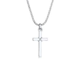 Kette mit Anh&auml;nger Kuzzoi "Halskette Herren Kreuz Flach Kordelkette 925 Silber" Gr. 55, silber, Halsketten, Herren, ohne Stein, Silber 925 (Sterlingsilber), Kette mit Anh&auml;nger