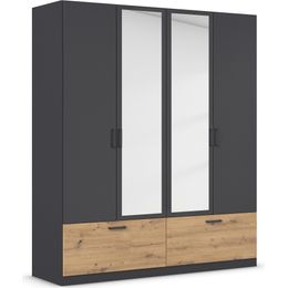Dreht&uuml;renschrank Rauch "Kleiderschrank Schrank Garderobe W&auml;scheschrank BARI mit Spiegel", grau (graumetallic, eiche artisan), B:180cm H:210cm T:54cm, Holzwerkstoff, Schr&auml;nke, Dreht&uuml;renschrank, mit Schubk&auml;sten und modernem Griff in Graumetallic MADE IN GERMANY
