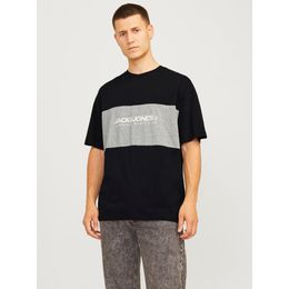 Jack & Jones Rundhalsshirt JACK & JONES "JJELEGACY BLOCKING TEE SS O-NECK NOOS", Herren, Gr. L, schwarz (schwarz detail:blocking), Jersey, Obermaterial: 100% Baumwolle, colorblocking, loose fit, Rundhals, Shirts Rundhalsshirt
