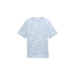 T-Shirt Tom Tailor, Herren, Gr. S, blau (powder blau stripe palm design), Jersey, Obermaterial: 100% Baumwolle, bedruckt, regular fit taillenbedeckt, Rundhals, gerader Abschluss, Shirts T-Shirt, mit All-Over Palmen Print