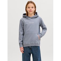 Jack & Jones Kapuzensweatshirt JACK & JONES JUNIOR "JORNORREBRO EMB SWEAT HOOD NOOS JNR", Jungen, Gr. 140, tradewinds, angeraute Sweatware, Obermaterial: 89% Baumwolle, 11% Polyester, unifarben, relaxed fit normal, ohne Ausschnitt, Rippb&uuml;ndchen, Sweatshirts Kapuzensweatshirt