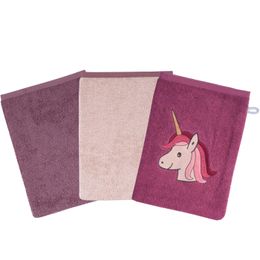 W&ouml;rner Waschhandschuh W&Ouml;RNER "Einhorn", mauve, B:15cm L:21cm, Frottee, Handt&uuml;cher, Waschhandschuh, 3er-Set, mit Stickerei