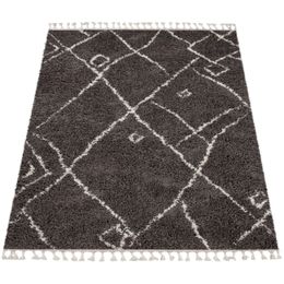 Hochflor-Teppich Paco Home "Orebro 171", grau, B:140cm H:44mm L:200cm, Polyester, Teppiche, Hochflor-Teppich, modernes Rauten Muster, besonders weich & kuschelig, mit Fransen