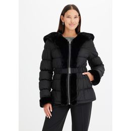 Steppjacke bonprix, Damen, Gr. 38, schwarz, Obermaterial: 100% Polyester. Futter: 100% Polyester. Wattierung: 100% Polyester, unifarben, figurbetont, Jacken Steppjacke, eleganter Look, mit Kapuze und Fellimitat, Winterjacke