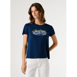 T-Shirt Pepe Jeans "MAHINA", Damen, Gr. XS, deep sea blau, Single Jersey, Obermaterial: 100% Baumwolle, bedruckt, regular fit h&uuml;ftlang, Rundhals, Shirts T-Shirt, mit floralem Print
