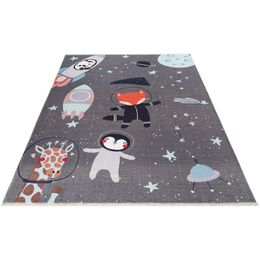 Kinderteppich Obsession "My Greta 600", grau (anthrazit), B:115cm H:6mm L:170cm, Baumwolle, Polyester, Teppiche, Kinderteppich, Kurzflor, Motiv Tiere im Weltraum, mit Fransen, Kinderzimmer