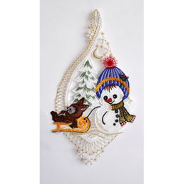 Fensterbild Stickereien Plauen "Schneekind mit Hase", bunt, B:20cm H:37cm, Polyester, Fensterbilder, Fensterbild