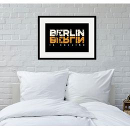 Bild queence "BERLIN IS CALLING", orange (farbe rahmen: schwarz, farbe bild(er): orange), B:70cm H:50cm, Acrylglas, Holz, Papier, Bilder, Bild, HD Premium Poster-Druck inkl. Holzrahmen