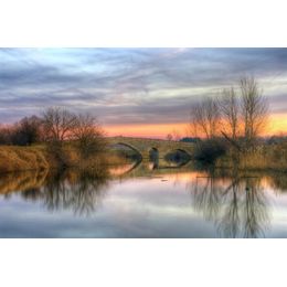 Fototapete papermoon "STEIN-BR&Uuml;CKE-FLUSS SEE STRAND SONNE WALD B&Auml;UME NATUR", bunt, B:5m L:2,8m, Vlies, Tapeten, Fototapete
