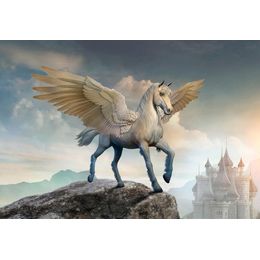Fototapete papermoon "PEGASUS-PFERDE TIERE PFERD SCHLOSS PALAST FANTASY DEKO", bunt, B:5m L:2,8m, Vlies, Tapeten, Fototapete