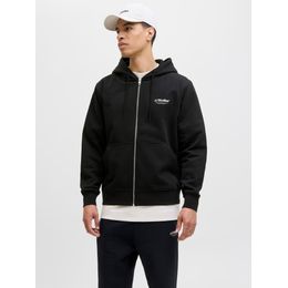 Jack & Jones Kapuzensweatshirt JACK & JONES "JJESOHO SWEAT ZIP HOOD NOOS", Herren, Gr. M, schwarz, angeraute Sweatware, Obermaterial: 80% Baumwolle, 20% Polyester, bedruckt, relaxed fit, ohne Ausschnitt, Rippb&uuml;ndchen, Sweatshirts Kapuzensweatshirt