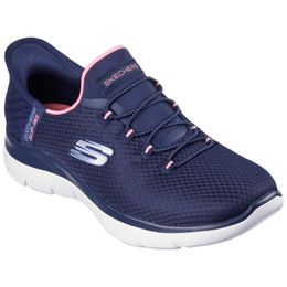 Slip-On Sneaker Skechers "SUMMITS-DIAMOND DREAM", Damen, Gr. 35, blau (navy, pink), Textil, Schuhe Slip-On Sneaker, Schlupfschuh, Freizeitschuh mit praktischer Slip-Ins Funktion, Topseller