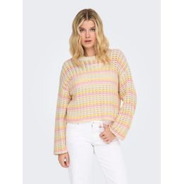 Rundhalspullover Only "ONLASA LS SHORT O-NECK CC KNT", Damen, Gr. XS, birch stripes:sunlight, romance rose, Strick, Obermaterial: 60% Baumwolle, 40% Polyacryl, gestreift, regular fit h&uuml;ftlang, Rundhals, Pullover Rundhalspullover