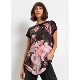 T-Shirt bonprix "Bedrucktes Shirt aus softem Viskose-Mix", Damen, Gr. 40/42 (M), schwarz (schwarz, rosa lilien), Obermaterial: 100% Polyester. R&uuml;ckenteil: 95% Viskose, 5% Elasthan, bequem, Shirts T-Shirt, bequeme Passform, Kurzarm-Design, mit Blumen-Druck, aus Viskose-Mix