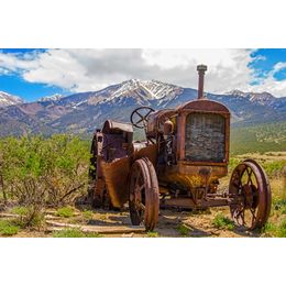 Fototapete papermoon "OLDTIMER-LANDSCHAFT BERGE GEBIRGE VINTAGE AUTOS CARS", bunt, B:5m L:2,8m, Vlies, Tapeten, Fototapete