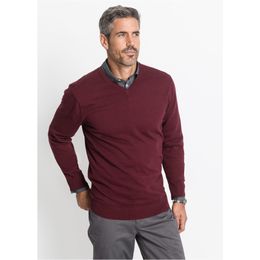Strickpullover bonprix "Feinstrickpullover in Regular Fit", Herren, Gr. 56/58 (XL), rot (ahornrot), Strick, Obermaterial: 70% Baumwolle, 30% Polyamid, unifarben, regular fit h&uuml;ftlang, V-Ausschnitt, Strickb&uuml;ndchen, Pullover Strickpullover, aus Feinstrickmaterial, mit V-Ausschnitt, Regular Fit