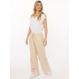 Sweathose Zwillingsherz "Alissa", Damen, Gr. S/M, N-Gr, beige, Sweatware, Obermaterial: 50% Baumwolle, 50% Polyester, Hosen Sweathose, mit Print und Neon Stickerei, Kordel und Eingriffstaschen