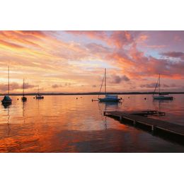 Fototapete papermoon "LAGUNE-HAFEN BOOTE YACHTEN GEBIRGE K&Uuml;STE SONNE WALD SEE", bunt, B:2,5m L:1,86m, Vlies, Tapeten, Fototapete