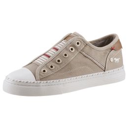 Slip-On Sneaker Mustang Shoes "Schlupfschuh, Freizeitschuh", Damen, Gr. 45, grau (taupe), Tencel, Schuhe Slip-On Sneaker, Slipper, Schlupfschuh, Freizeitschuh mit praktischem Gummizug