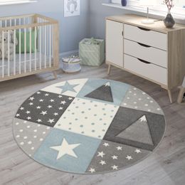 Kinderteppich Paco Home "Cosmo 340", blau, H:17mm &Oslash;:160cm, Polypropylen (PP), Teppiche, Kinderteppich, Kurzflor, Pastell-Farben, 3D Effekt, Motiv Berge, Punkte & Sterne