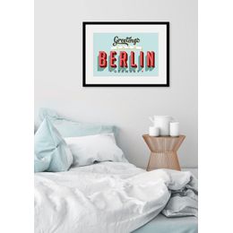 Bild queence "Greetings from Berlin", rot (farbe rahmen: schwarz, farbe bild(er): rot), B:40cm H:30cm, Acrylglas, Holz, Papier, Bilder, Bild, HD Premium Poster-Druck inkl. Holzrahmen