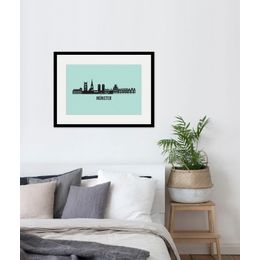 Bild queence "M&uuml;nster Skyline", blau (farbe rahmen: schwarz, farbe bild(er): blau), B:70cm H:50cm, Acrylglas, Holz, Papier, Bilder, Bild, HD Premium Poster-Druck inkl. Holzrahmen