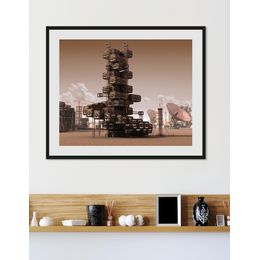 Bild queence "STATION", braun (farbe rahmen: schwarz, farbe bild(er): braun), B:70cm H:50cm, Acrylglas, Holz, Papier, Bilder, Bild, HD Premium Poster-Druck inkl. Holzrahmen