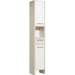 Hochschrank SAPHIR "Quickset 350 Badschrank 33 cm breit, 2 T&uuml;ren, 1 Schublade, 1 Nische", beige (pinie ida hell, wei&szlig; glanz), B:33cm H:195,5cm T:28cm, Holzwerkstoff, Schr&auml;nke, Hochschrank, Badezimmer-Hochschrank, Pinie Ida hell, Griffe alufarbig