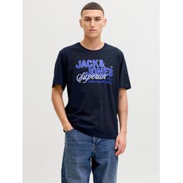 Jack & Jones Rundhalsshirt JACK & JONES "JJELOGO TEE SS O-NECK 2 COL SS26 SN", Herren, Gr. S, navy blazer, Jersey, Obermaterial: 100% Baumwolle, bedruckt, unifarben, Rundhals, Shirts Rundhalsshirt, mit Grafikprint