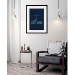 Bild queence "D&uuml;sseldorf Sightseeing", blau (farbe rahmen: schwarz, farbe bild(er): blau), B:50cm H:70cm, Acrylglas, Holz, Papier, Bilder, Bild, HD Premium Poster-Druck inkl. Holzrahmen