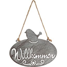 Gartenstecker AMBIENTE HAUS "Willkommen Schild mit Vogel (B) 20cm", grau, B:24cm H:34cm, Metall, Gartenstecker, Gartenstecker