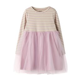Minikleid name it "NMFTAIAS LS TULLE DRESS", M&auml;dchen, Gr. 104, N-Gr, dawn pink stripes:cloud dancer, Jersey, Obermaterial: 90% Baumwolle, 5% Elasthan, 5% metallisierte Fasern, geringelt, gestreift, unifarben, bequem, Rundhals, Kleider Minikleid