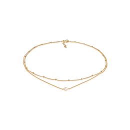 Choker Elli "Halskette Choker Layer Look Kugelkette Rosenquarz 925 Silber" Gr. 36, gold, Halsketten, Damen, mit Steinen, Silber 925 (Sterlingsilber), Choker