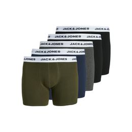Jack & Jones PlusSize Boxershorts "JACBASIC WHITE WB TRUNKS 5 PACK NOOS PLS", Herren, Gr. 5XL, 5 Stk., schwarz (forest night pack:navy blazer, dgm, schwarz, schwarz), Jersey, Obermaterial: 95% Baumwolle, 5% Elasthan, JACK & JONES PLUSSIZE, unifarben, eng, Unterhosen Boxershorts, mit Logo Schriftzug