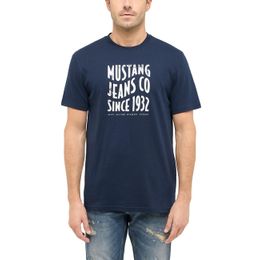 Kurzarmshirt Mustang "Style Austin", Herren, Gr. M, blau (schwarz saphire), Jersey, Obermaterial: 100% Baumwolle, bedruckt, normal h&uuml;ftbedeckend, Rundhals, Shirts Kurzarmshirt, mit Logo-Print