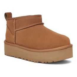 UGG Australia Schlupfboots UGG "KIDS' CLASSIC ULTRA MINI PLATFORM", M&auml;dchen, Gr. 1 (32,5), braun (chestnut), Veloursleder, Schuhe Schlupfboots, Plateaustiefel, Boots, Winterboots mit Plateau