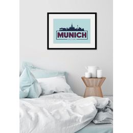 Bild queence "Welcome Munich", blau (farbe rahmen: schwarz, farbe bild(er): blau), B:50cm H:40cm, Acrylglas, Holz, Papier, Bilder, Bild, HD Premium Poster-Druck inkl. Holzrahmen