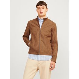 Jack & Jones Lederimitatjacke JACK & JONES "JJEDYLAN CLEAN JACKET NOOS", Herren, Gr. XL, braun (cognac), Web, Obermaterial: 100% Polyester, unifarben, normal taillenbedeckt, ohne Ausschnitt, 1-Knopf-Manschette, Jacken Lederimitatjacke, mit Bandkargen