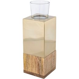 Teelichthalter CREATIV HOME "Kerzenhalter Tower", beige (champagnerfarben), B:8cm H:23cm T:8cm, Edelstahl, Glas, Massivholz, Kerzenhalter, Teelichthalter, aus Holz, Edelstahl und Glas