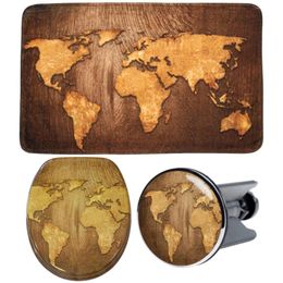 Badaccessoire-Set Sanilo "World Map", braun, Holzwerkstoff, Kunststoff, MDF, Polyester, Badaccessoires-Sets, Badaccessoire-Set, bestehend aus WC-Sitz, Badteppich und Waschbeckenst&ouml;psel