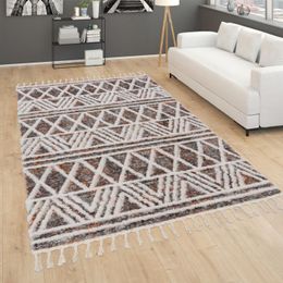 Hochflor-Teppich Paco Home "Monza 652", bunt (mehrfarbig), B:120cm H:34mm L:160cm, Polyester, Teppiche, Hochflor-Teppich, meliert, Rauten Muster, 3D-Effekt, mit Fransen
