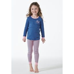 Schlafanzug Schiesser "Girls World", M&auml;dchen, Gr. 116, blau, Single Jersey, Obermaterial: 100% Baumwolle, gestreift, unifarben mit Farbeinsatz, bequem lang, Rundhals, Homewear-Sets Schlafanzug, mit farbigen Kontrastb&uuml;ndchen