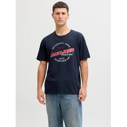 Jack & Jones Rundhalsshirt JACK & JONES "JJELOGO TEE SS O-NECK 2 COL SS26 SN", Herren, Gr. S, sky captain, Jersey, Obermaterial: 100% Baumwolle, bedruckt, unifarben, Rundhals, Shirts Rundhalsshirt, mit Grafikprint