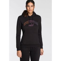 Kapuzensweatshirt Puma "ESS+ LOGO LAB HOODIE FL", Damen, Gr. S, schwarz (Puma schwarz), Fleece, Obermaterial: 66% Baumwolle, 34% Polyester, bedruckt, regular fit normal, angesetztes B&uuml;ndchen, Sweatshirts Kapuzensweatshirt, Oversized Fit, mit K&auml;ngurutasche, mit verstellbarer Kapuze
