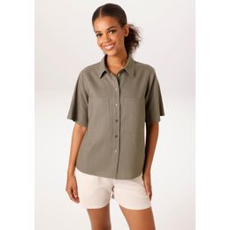 Kurzarmbluse Aniston CASUAL, Damen, Gr. 38, schlamm, Web;Leinenmischung, Obermaterial: 55% Leinen, 45% Viskose, unifarben, figurumspielend h&uuml;ftlang, Blusen Kurzarmbluse, mit Leinen - NEUE KOLLEKTION, Topseller
