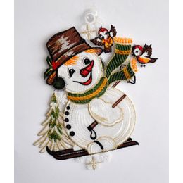 Fensterbild Stickereien Plauen "Schneemann mit Schal", bunt, B:20cm H:37cm, Polyester, Fensterbilder, Fensterbild